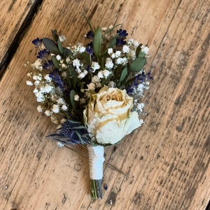 Dried Rose and Thistle Buttonhole, Scottish Wedding, Dried Blue Thistle ...