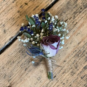 Dried Thistle and Rose Buttonhole, Scottish Wedding, Dried Dusky Pink ...