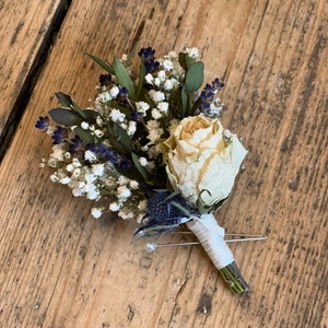 Dried Rose and Thistle Buttonhole, Scottish Wedding, Dried Blue Thistle ...