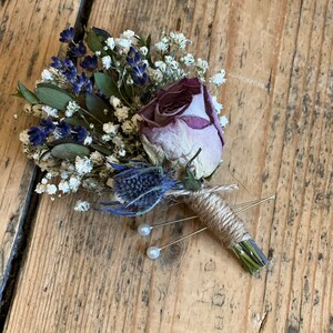 Dried Thistle and Rose Buttonhole, Scottish Wedding, Dried Dusky Pink ...