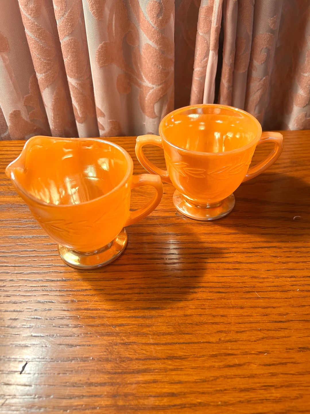 Fire-king Oven Ware Orange Luster Ware Sugar Bowl and Creamer (made in ...
