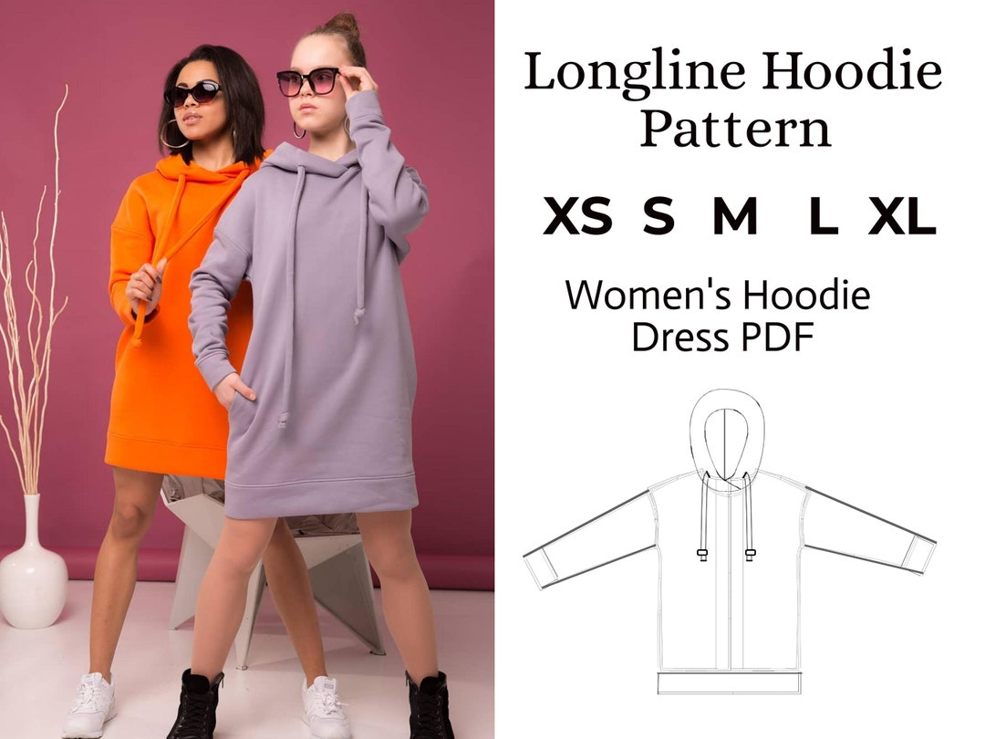 Longline Hoodie PDF Sewing Pattern, Women's Hoodie Dress Digital ...