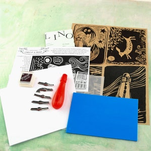 Beginners Linocut and Print Starter Kit With Black Ink Pad, DIY Print ...