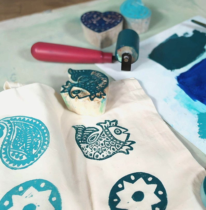 Beginner Fabric Block Printing Kit, Includes Tote Bags, Hand Carved ...
