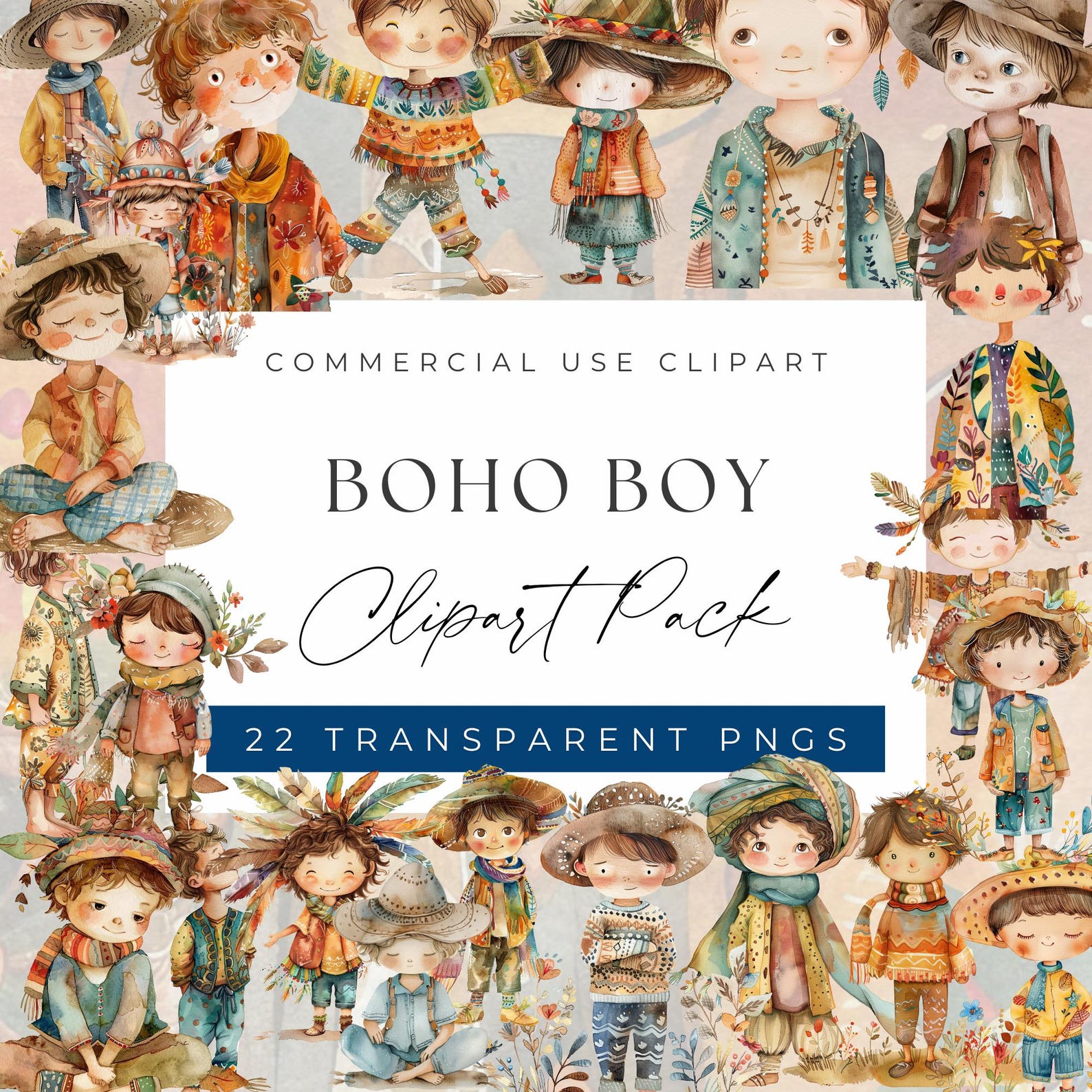 Whimsical Boho Boy Clipart - Stylish and Playful Boho Design Clipart ...