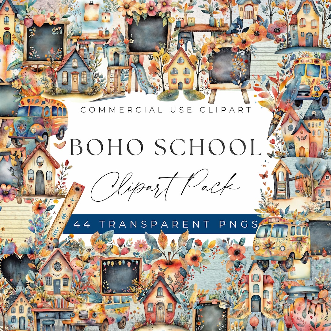 Boho School Clipart - School Bus, Chalkboard, Classroom, School ...