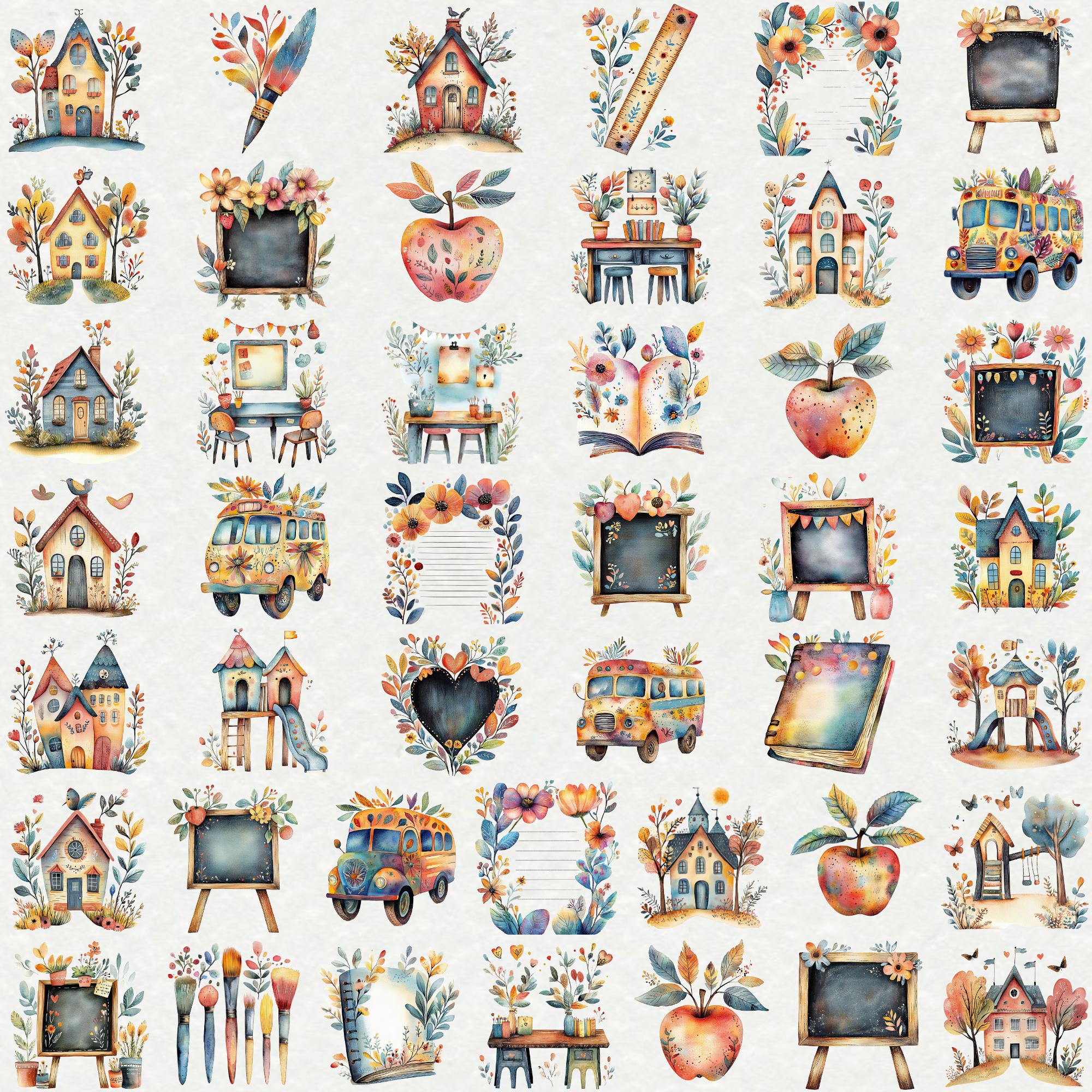 Boho School Clipart - School Bus, Chalkboard, Classroom, School ...