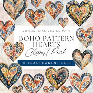 Boho Pattern Hearts Clipart - Digital Patterned Heart Graphics for ...