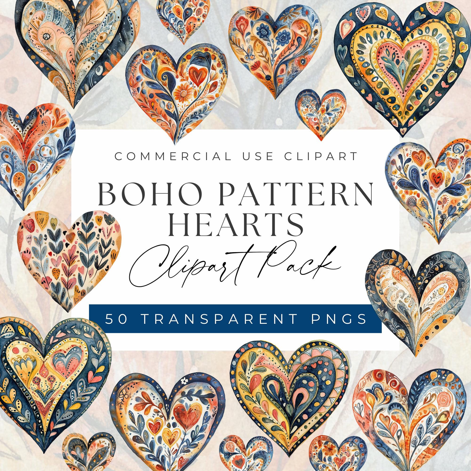 Boho Pattern Hearts Clipart - Digital Patterned Heart Graphics for ...