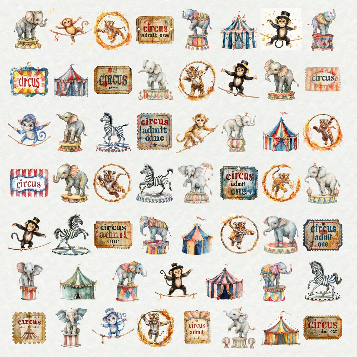Vintage Circus Clipart Bundle - Adorable Circus Animals and Tickets ...