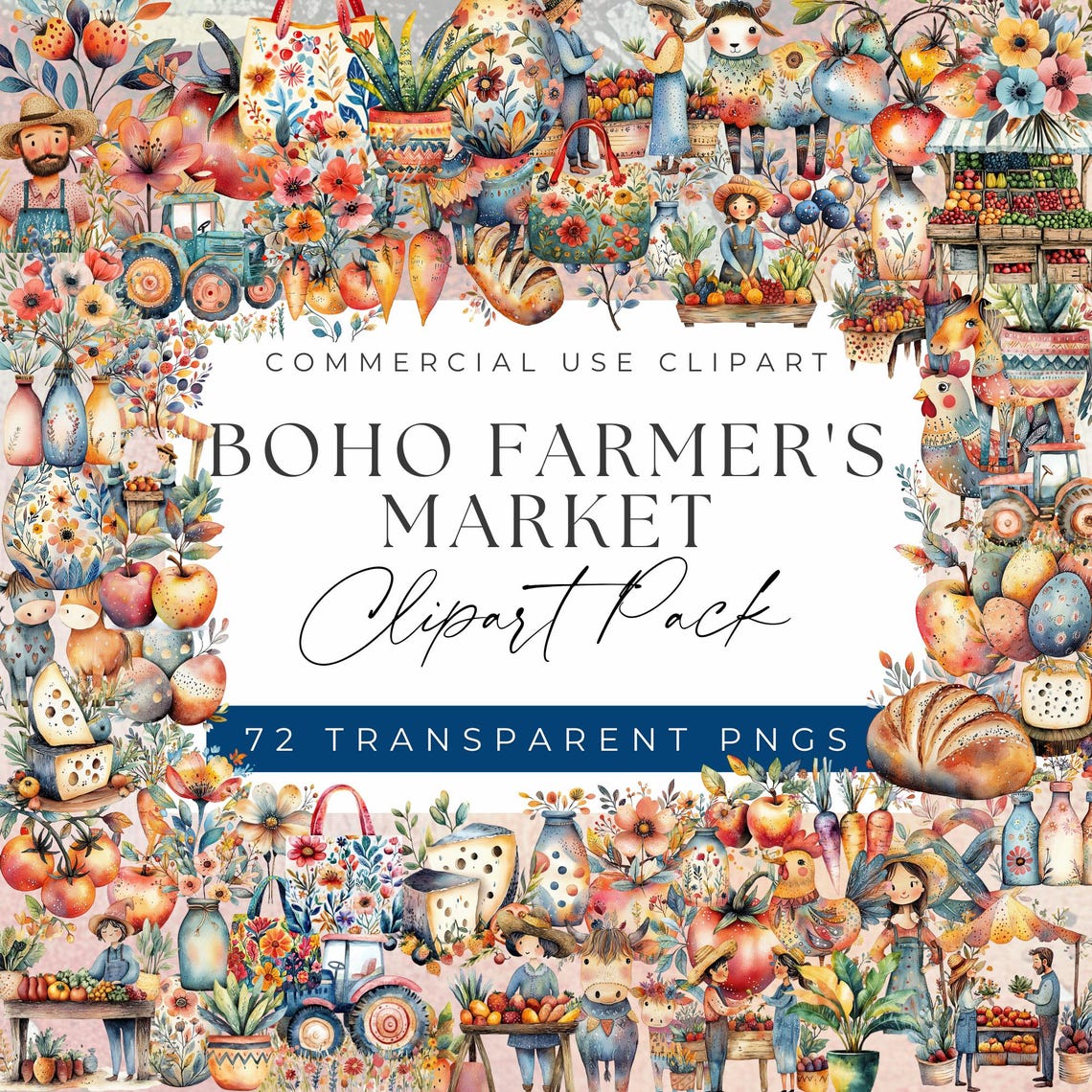 Boho Farmers Market Clipart Set - Rustic Farmers, Market Stalls, Fresh ...