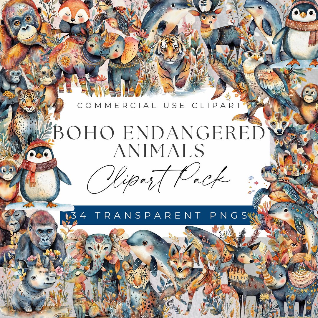 Boho Endangered Animals Clipart - Artistic Illustrations Endangered ...