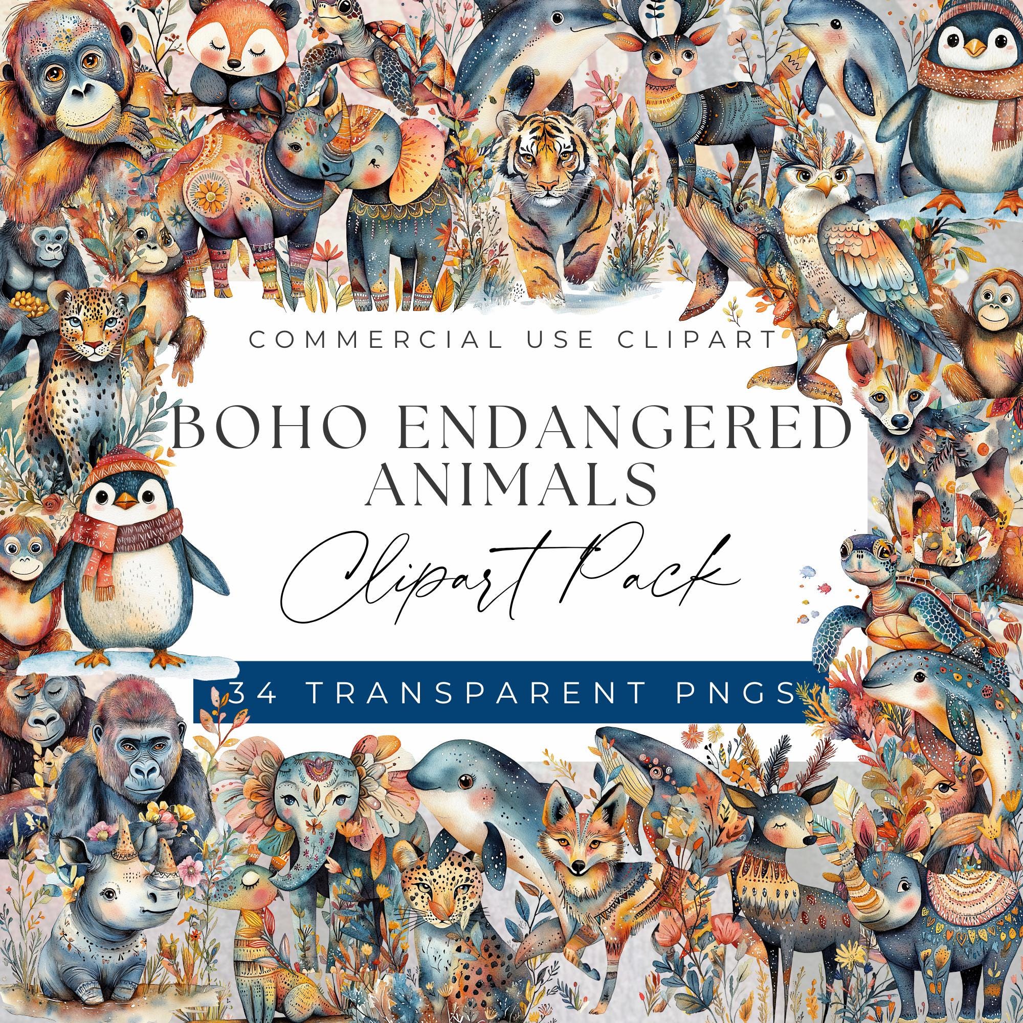 Boho Endangered Animals Clipart - Artistic Illustrations Endangered ...
