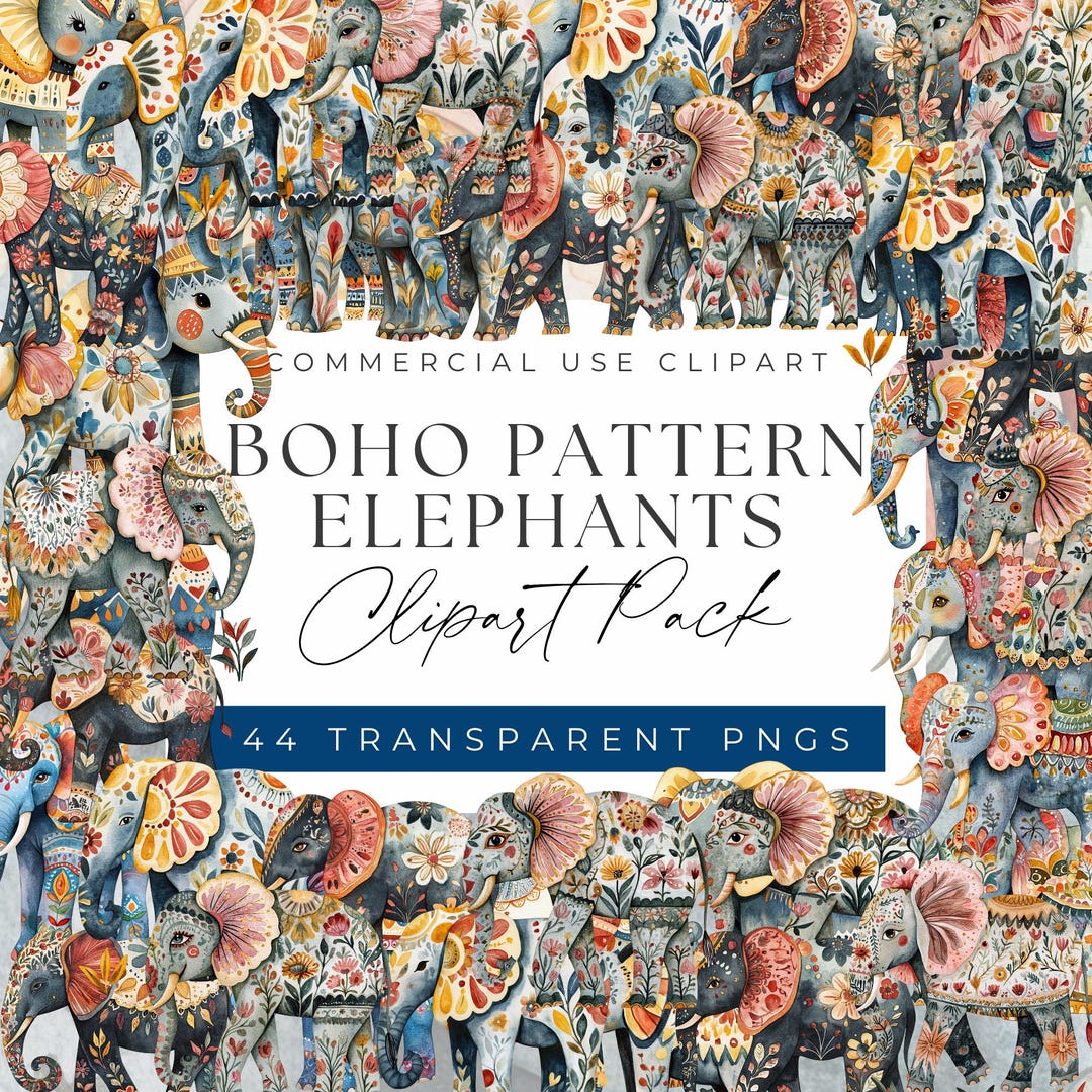 Boho Pattern Elephants Clipart - Sitting and Standing Elephant With ...