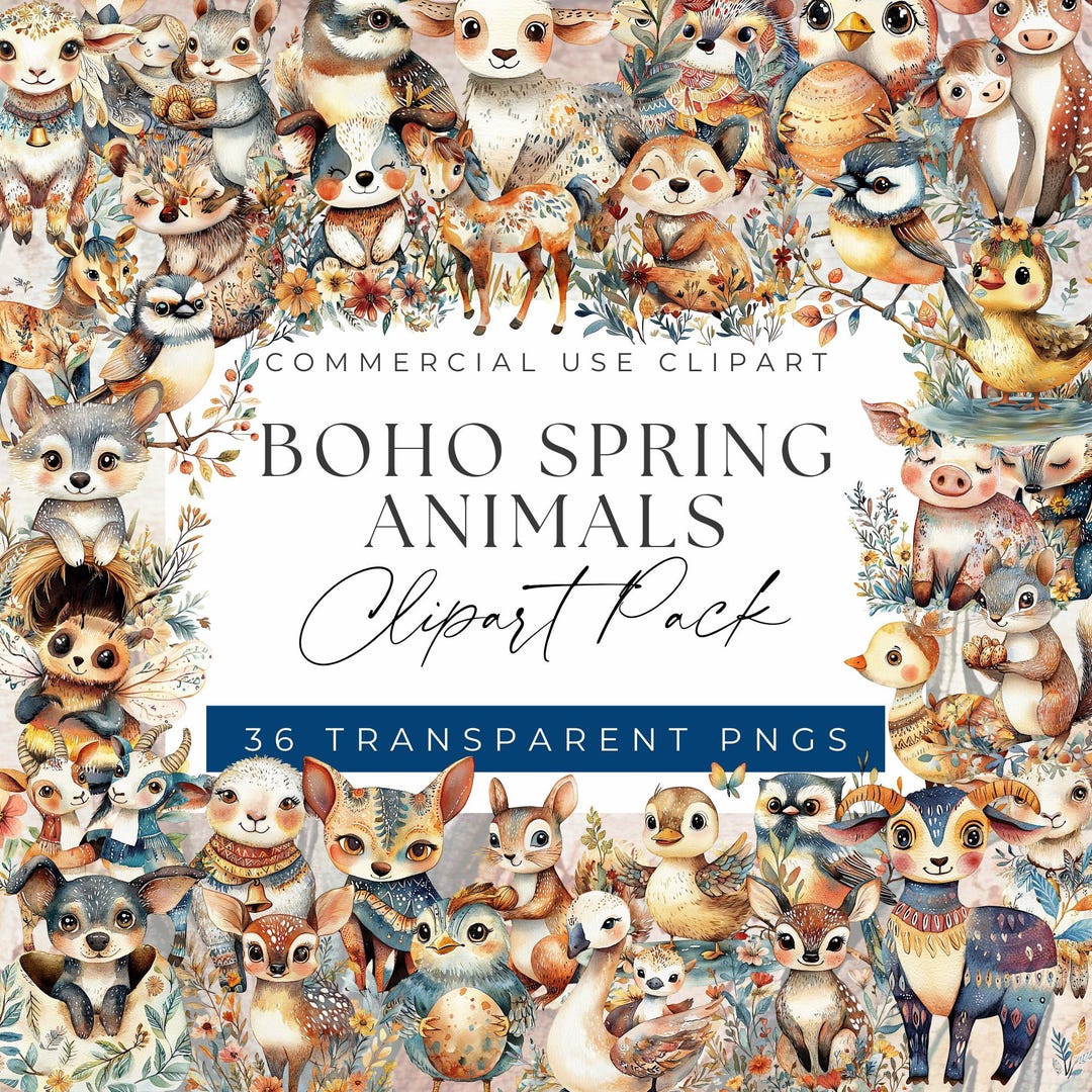 Boho Spring Animals Clipart - Playful Lambs, Bunnies, Ducklings, Spring ...