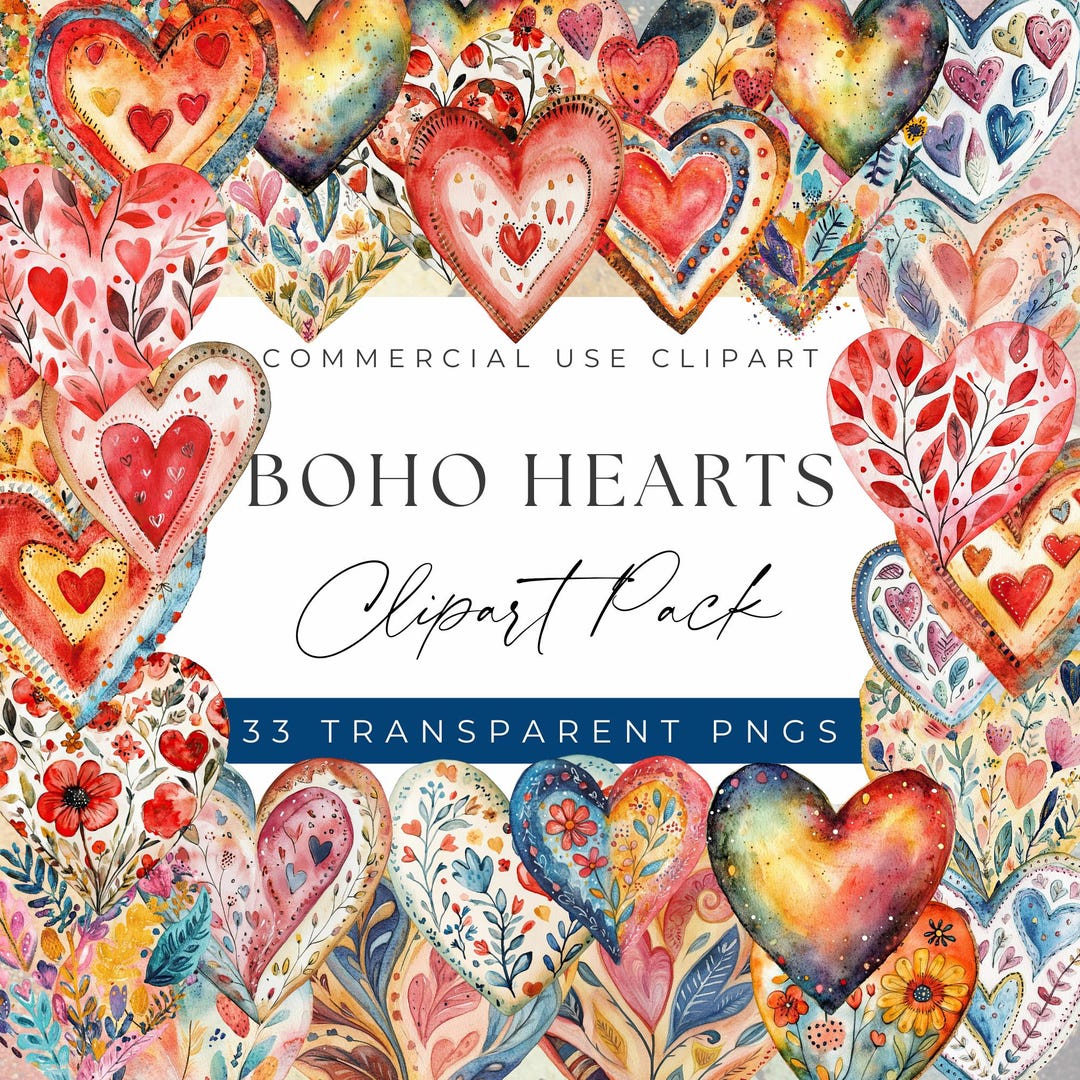 Boho Hearts Clipart Set - Digital Heart Graphics for Valentine’s Day ...