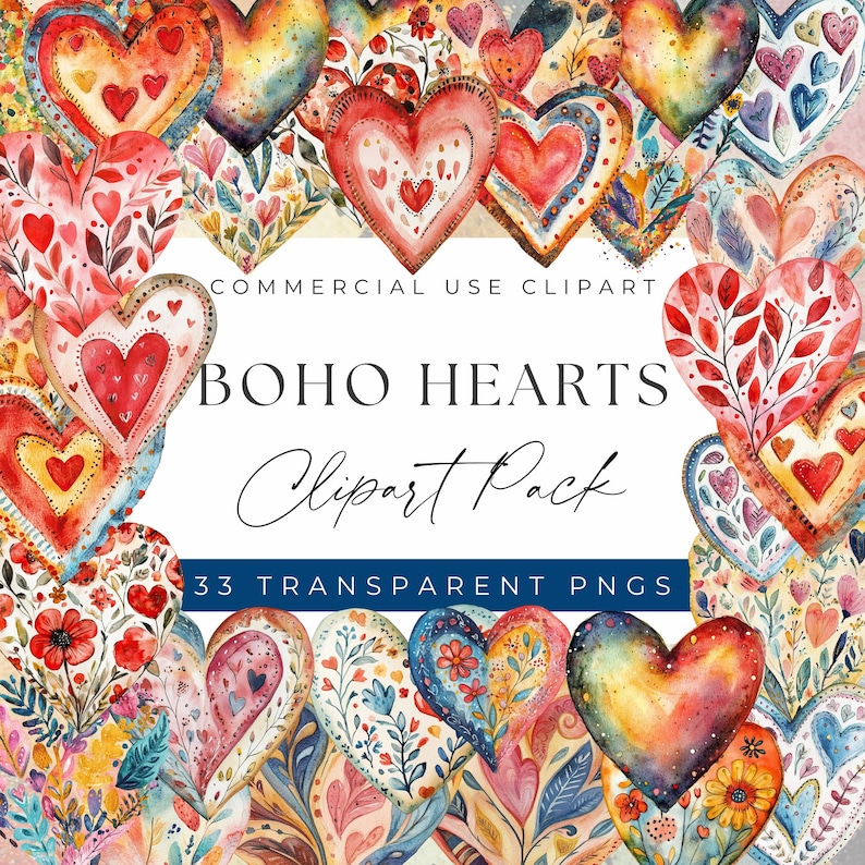 Boho Hearts Clipart Set - Digital Heart Graphics for Valentine’s Day ...