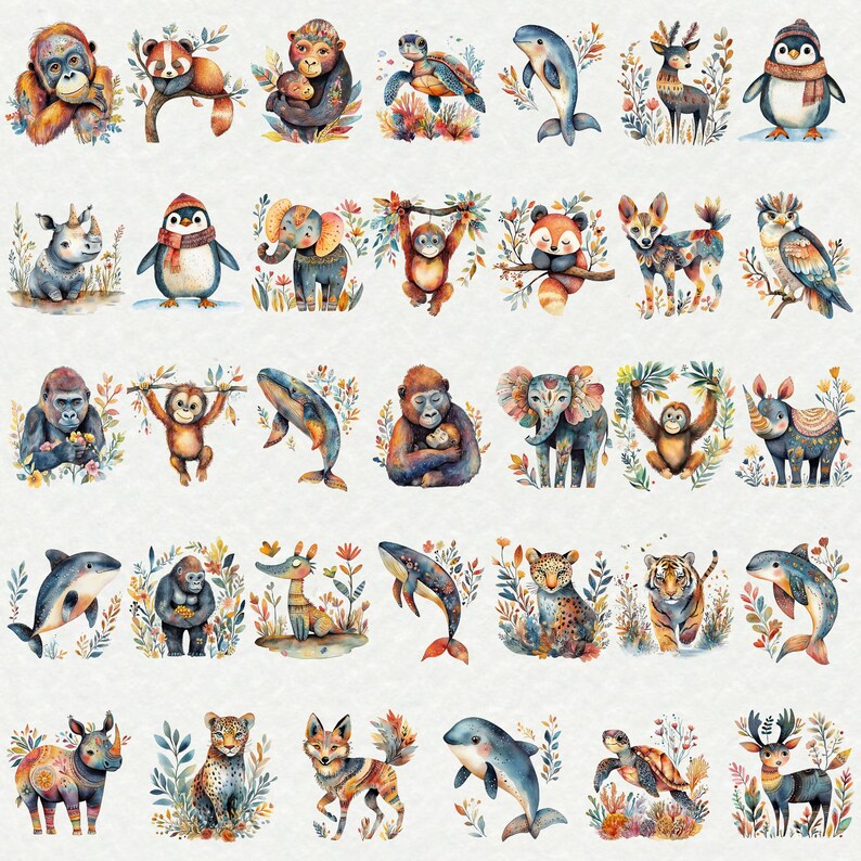 Boho Endangered Animals Clipart – Watercolor PNG Illustrations ...