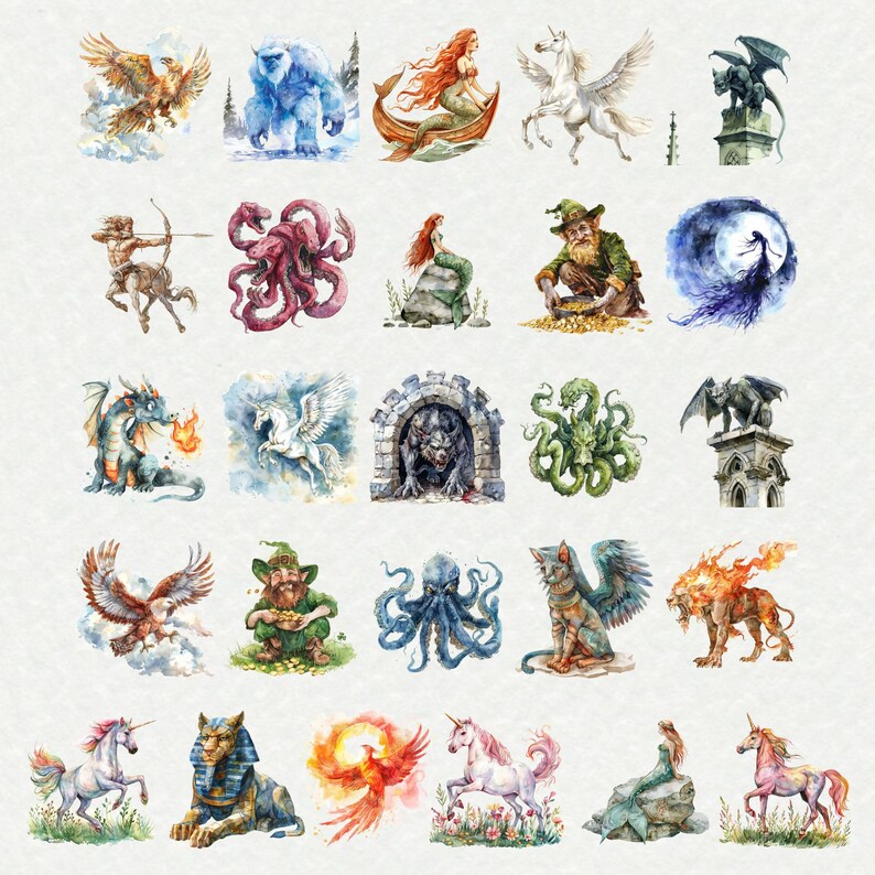 Mythical Creatures Digital Clipart Set - Legendary Beings for Fantasy ...