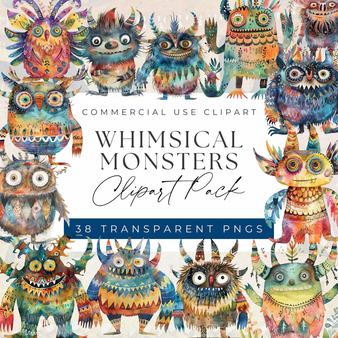Whimsical Monsters Clipart Bundle - Playful and Quirky Boho Monster ...