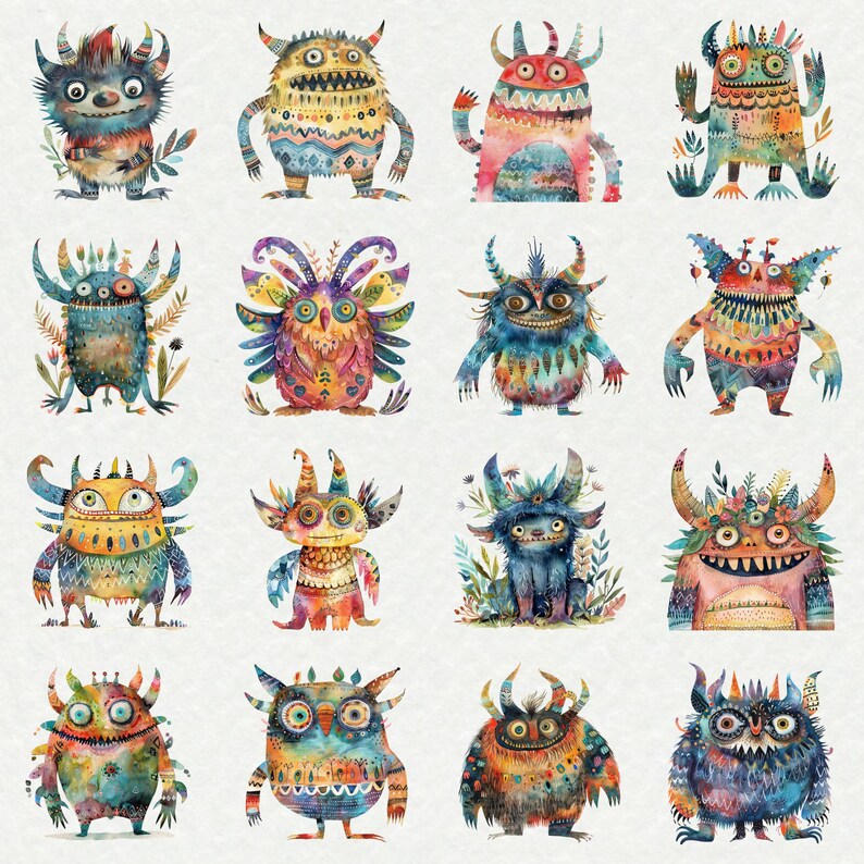 Whimsical Monsters Clipart Bundle - Playful and Quirky Boho Monster ...
