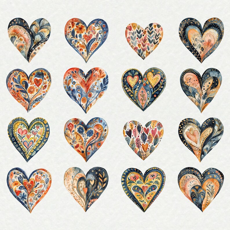 Boho Pattern Hearts Clipart - Digital Patterned Heart Graphics for ...