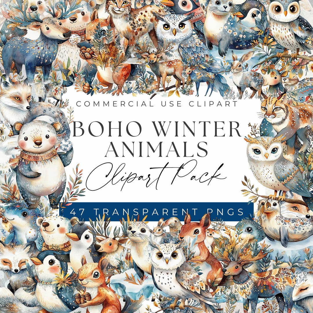Boho Winter Animals Clipart - Polar Bear, Arctic Fox, Penguin, Digital ...