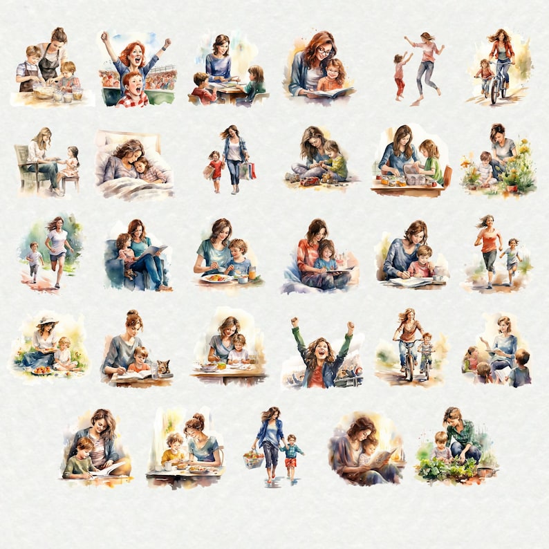 Single Mom Daily Life Clipart Set | Mother and Child Moments Clipart ...