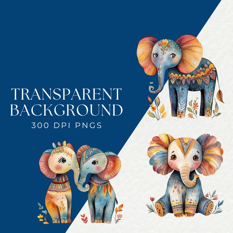 Boho Elephants Clipart Set - Colorful Elephant Illustrations in Various ...