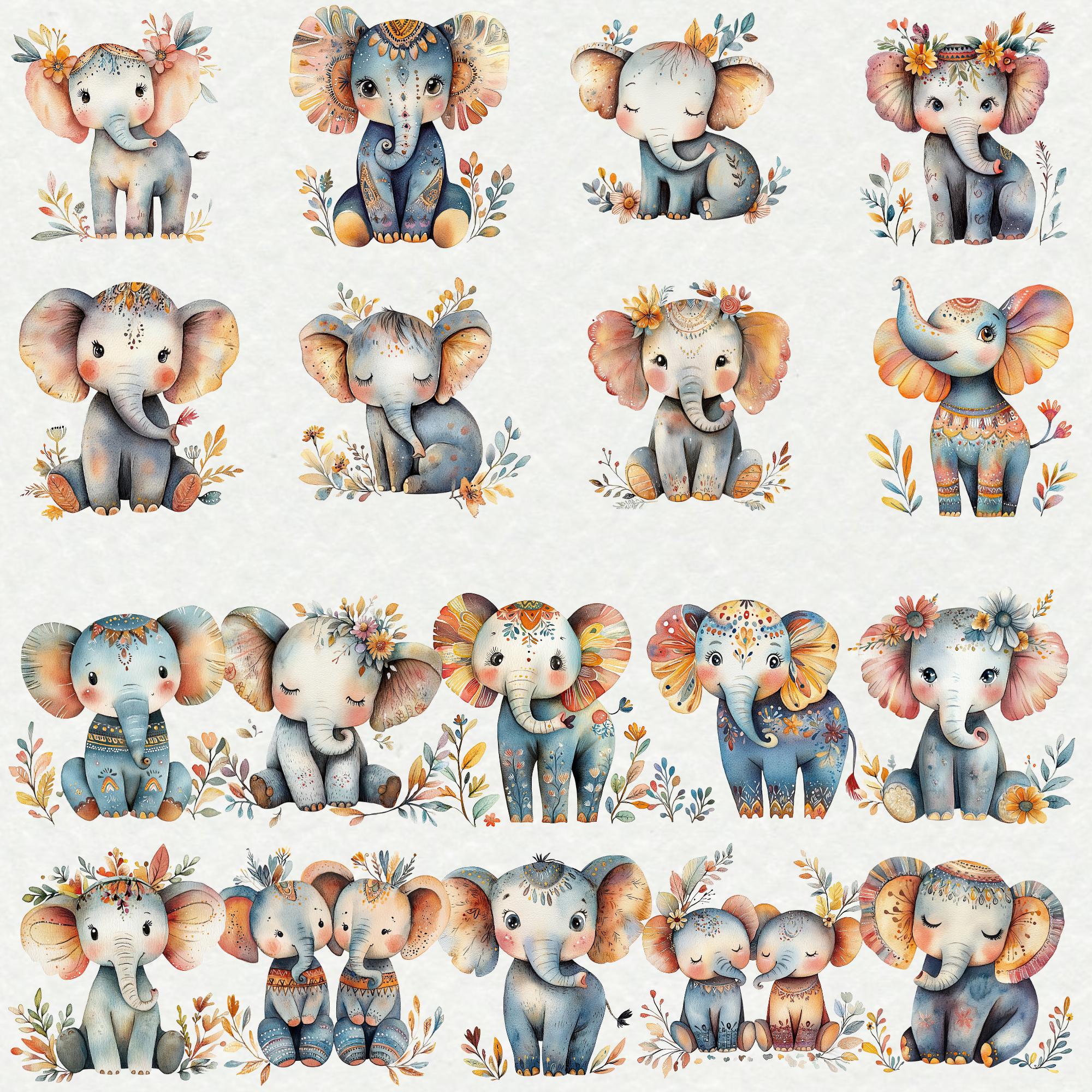Boho Baby Elephants Clipart Set - Adorable Baby Elephant Illustrations ...