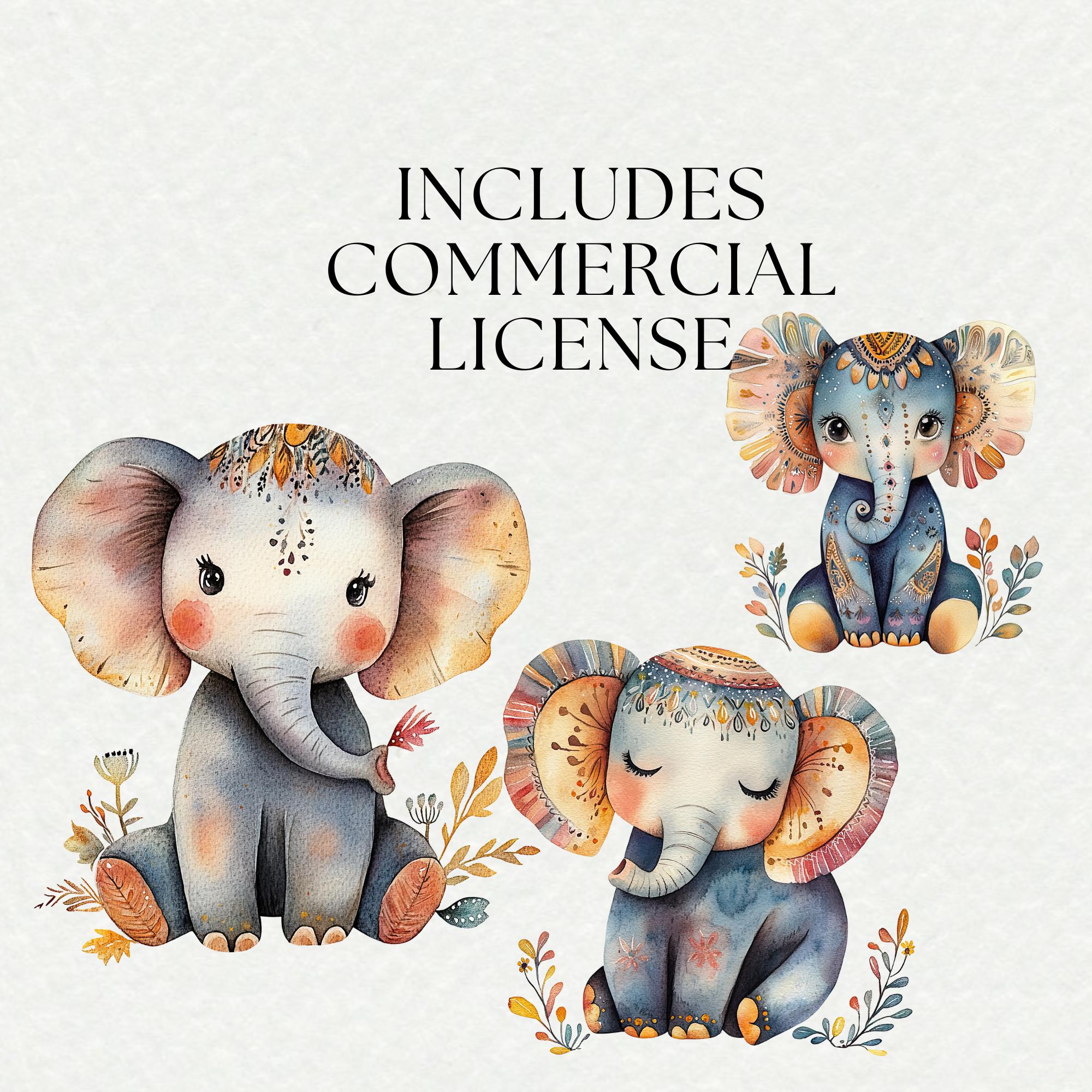 Boho Baby Elephants Clipart Set - Adorable Baby Elephant Illustrations ...