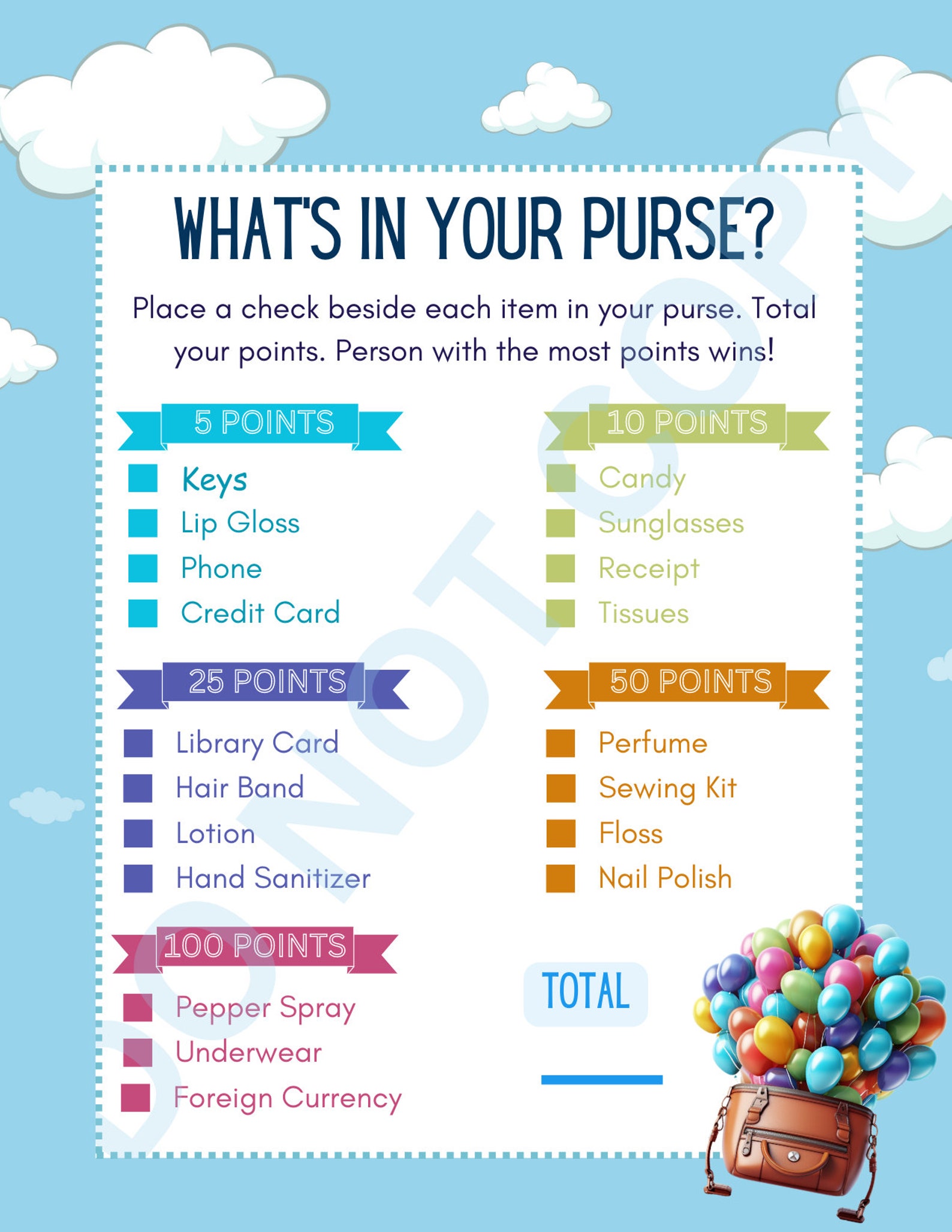 Up Inspired - What's in Your Purse Baby Shower Game - Etsy