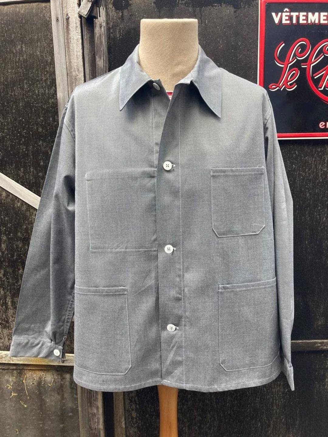 Vintage 1970's French Un-worn Chore Coat, Size L, Silver Dead-stock ...