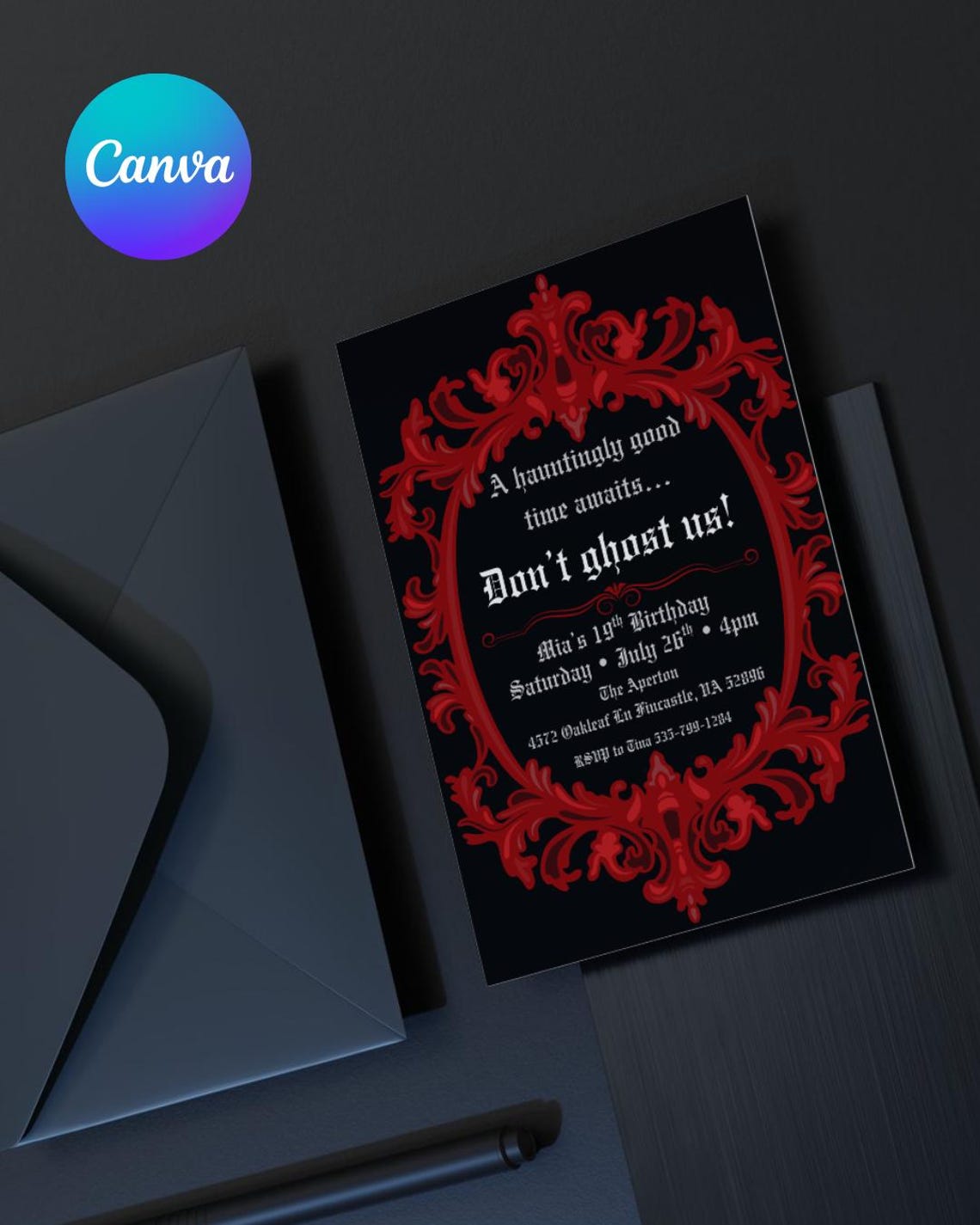 Goth Birthday Invite, Gothic Theme Party Invitation, Red and Black ...