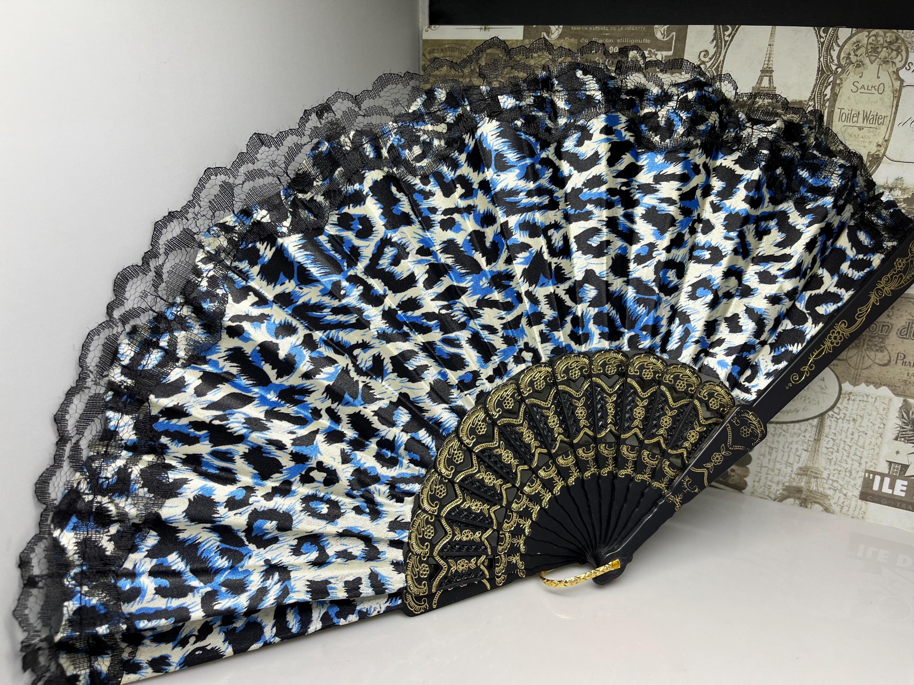 Vintage Fan Hand Black Lace Animal Print Blue - Etsy
