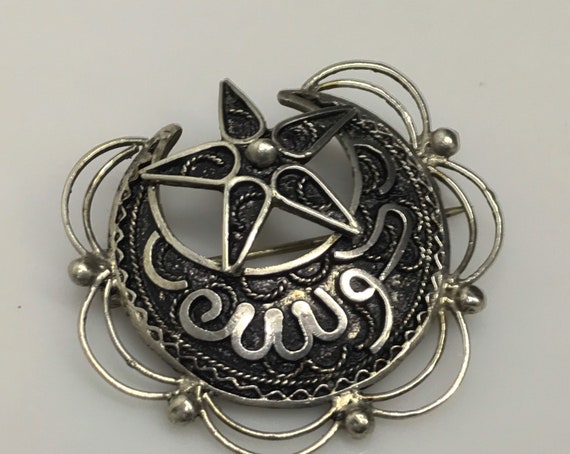 Antique Islamic silver brooch moon star mens - Gem