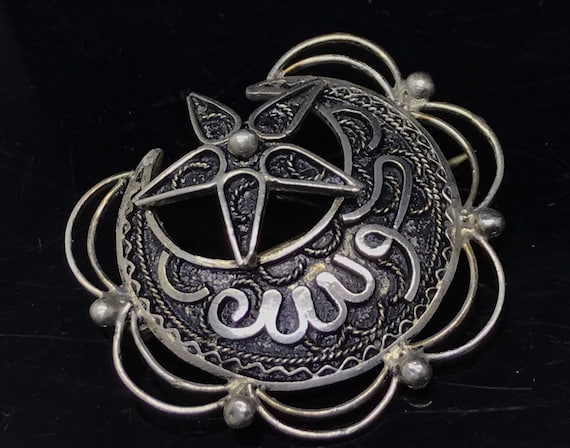 Antique Islamic silver brooch moon star mens - Gem