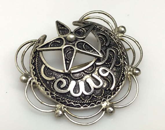 Antique Islamic silver brooch moon star mens - Gem