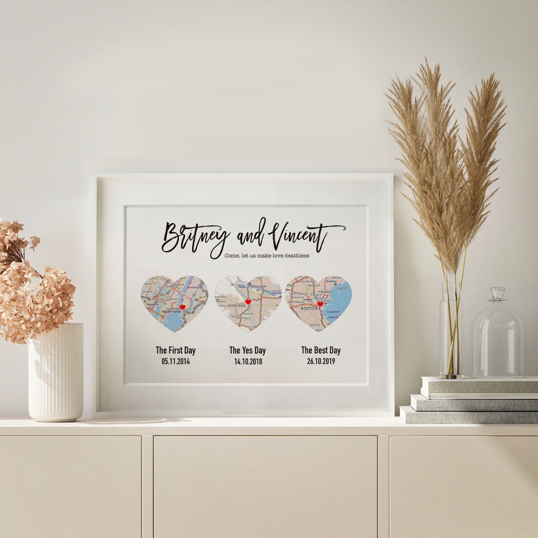 The First Day, the Yes Day, the Best Day, Personalized Heart Map Art ...
