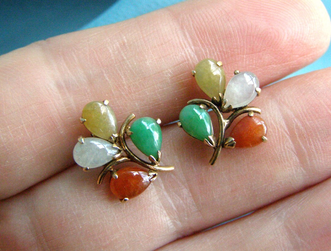 Vintage 14k Multi Color Jade Flower Earrings Solid 14k Yellow Gold Jade ...