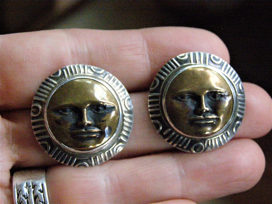 Vintage Tabra Sterling Moon Face Earrings 14k Gold Post Brass Mixed ...