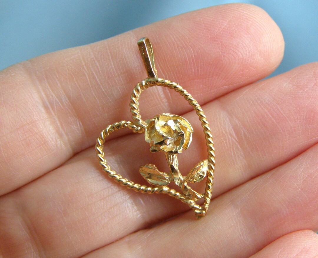 Vintage 14k Gold Heart Rose Flower Pendant Solid 14k Yellow Gold ...