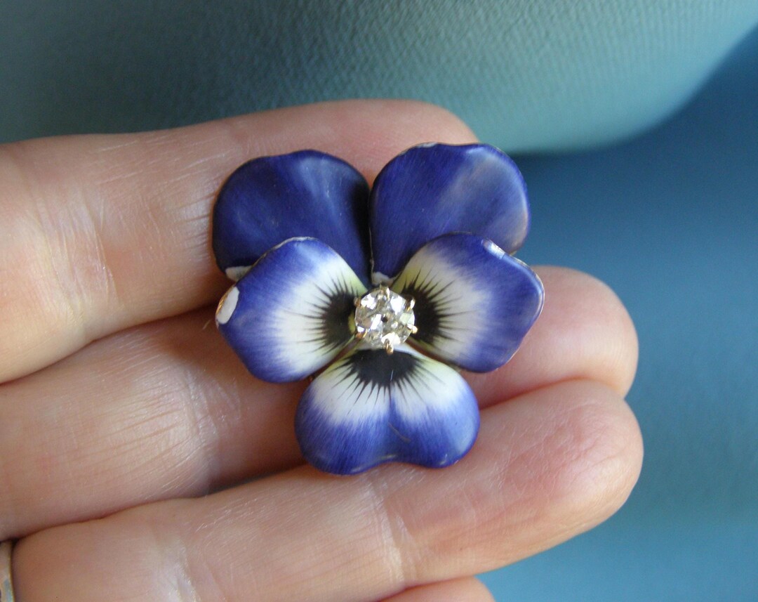 Art Nouveau 14K Gold Enamel Pansy Flower Pin Brooch Pendant, 1/2 CTW ...
