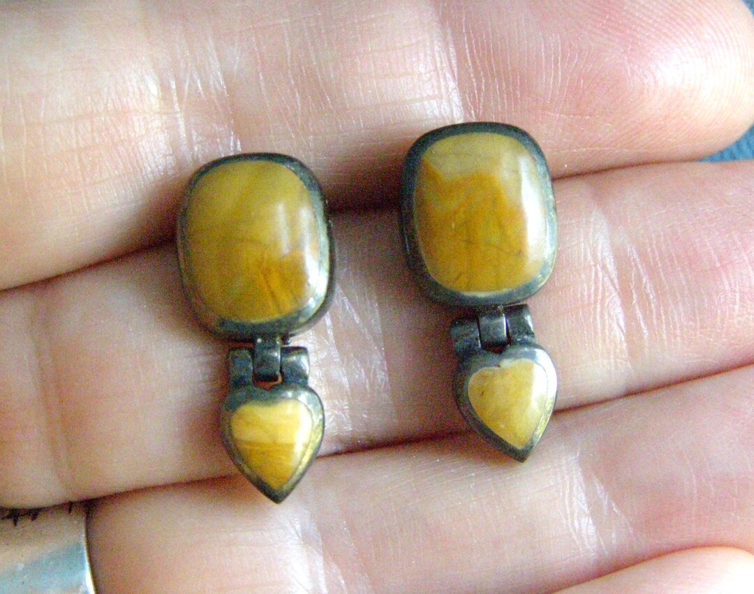 Rare Vintage Peyote Bird Sterling Yellow Jasper Heart Earrings 1980s ...