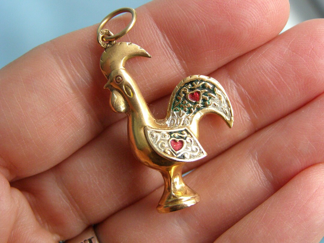 Vintage 18k Gold Enamel Portuguese Rooster of Barcelos Pendant Charm ...
