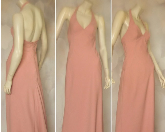 Vintage Designer Long Pastel Peach Pink Halterneck Dress Size Xs Uk 8 ...