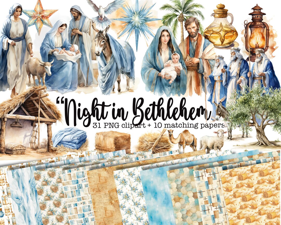 Nativity Clipart Bundle, Watercolor Jesus Birth Illustration, Bethlehem ...