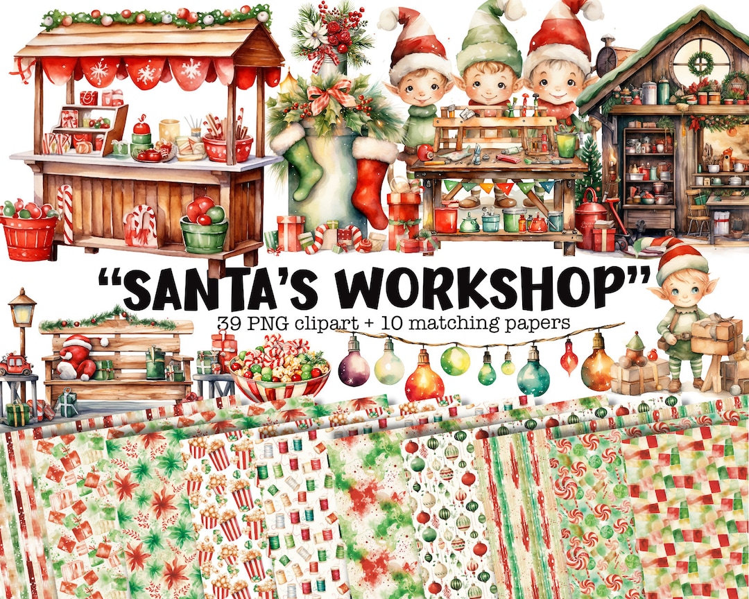 Santa’s Workshop Clipart Bundle, Watercolor Christmas Illustration, Elf ...