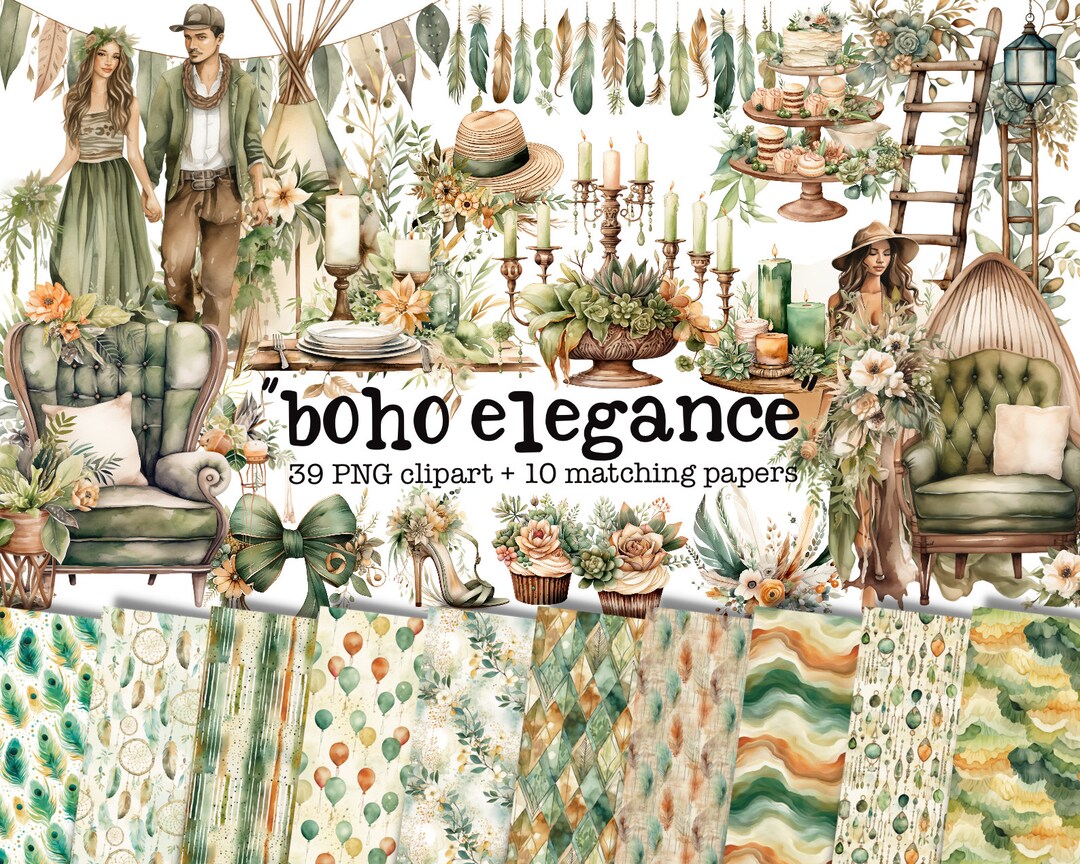Bohemian Watercolor Clip Art, Digital Clipart, Boho Design, Neutral ...
