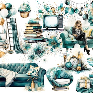 New Years Clipart Bundle, Watercolor 2024 Illustration, Rustic Party ...